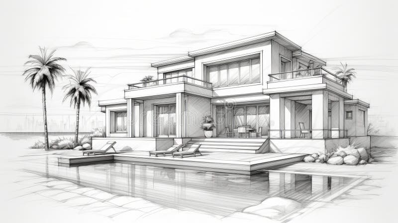 Architectural Sketch of Beachfront Luxury Villa with Soft Atmospheric ...
