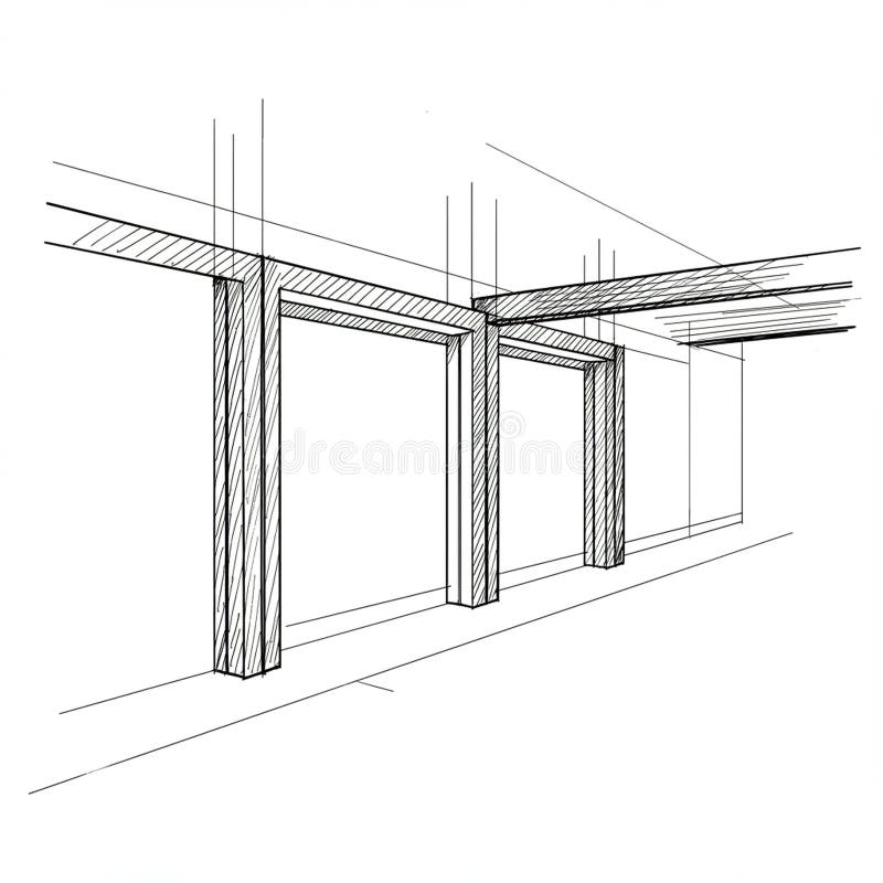 Architectural Sketch in Black and White, Featuring a Perspective View ...