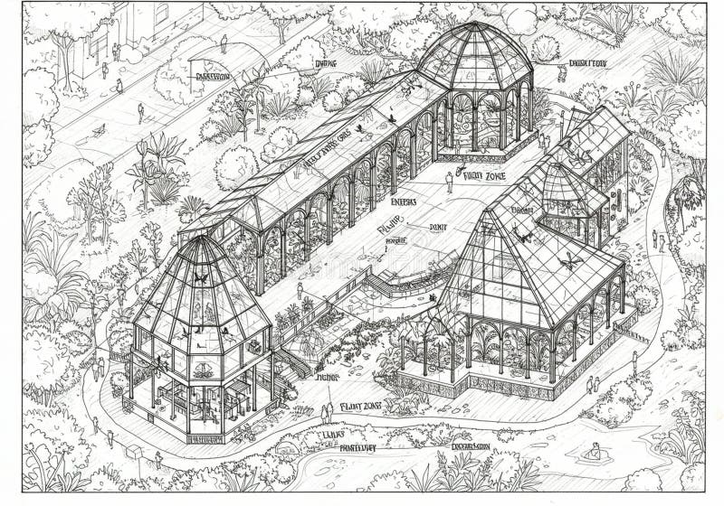 An Architectural Sketch of a Botanical Garden Complex Features Multiple ...