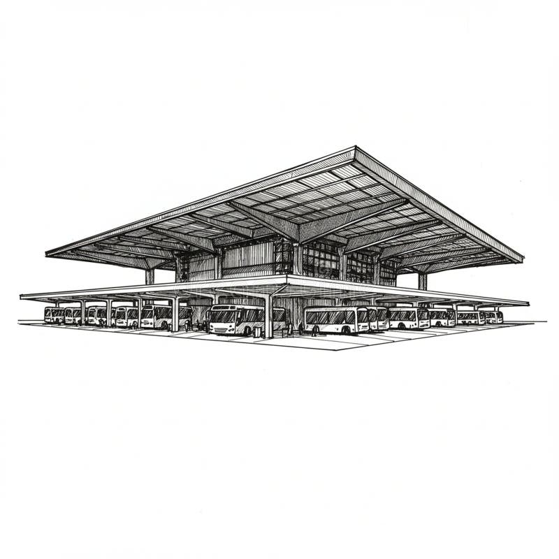 An Architectural Sketch of a Bus Terminal with a Large, Flat ...