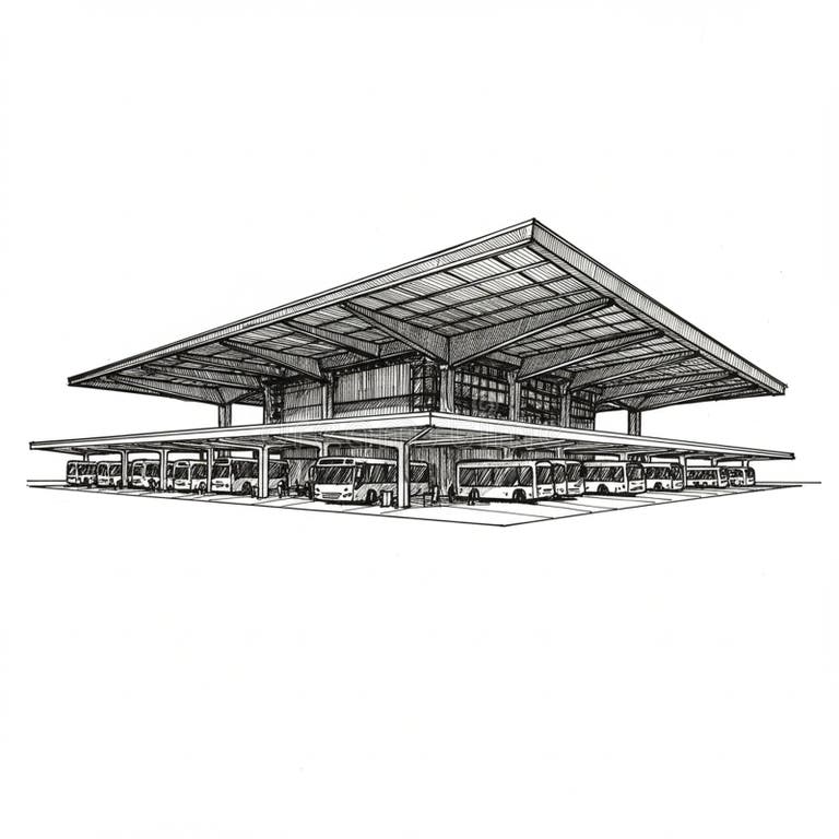 An Architectural Sketch of a Bus Terminal with a Large, Flat ...