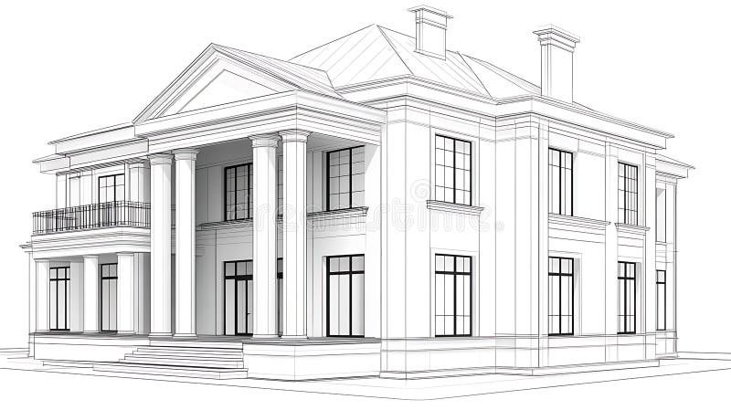 Architectural Sketch of a Classic House with Columns Stock Illustration ...