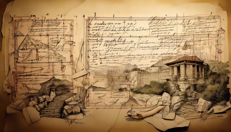 Architectural Sketch Collage with Ancient Notes and Stone Structures ...