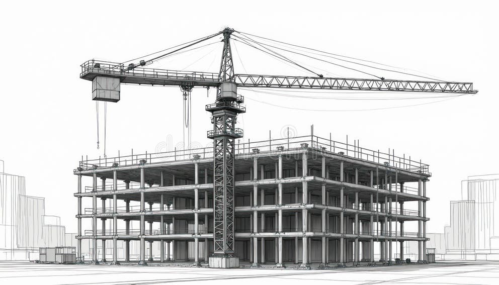Architectural Sketch Construction Site with Crane, Building Framework ...