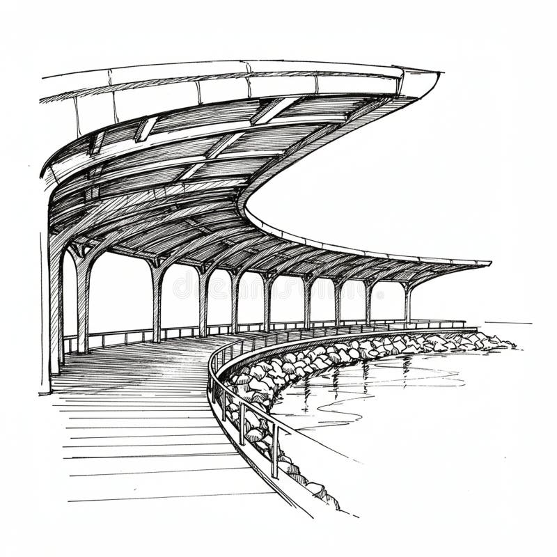 Architectural Sketch of a Curved, Covered Walkway Along a Waterfront ...
