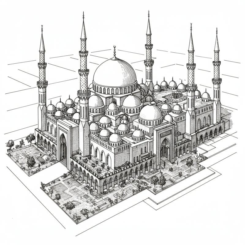 Architectural Sketch of an Elaborate Mosque Featuring Numerous Domes ...