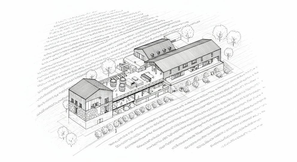 An Architectural Sketch Features a Multi-structure Complex with a ...