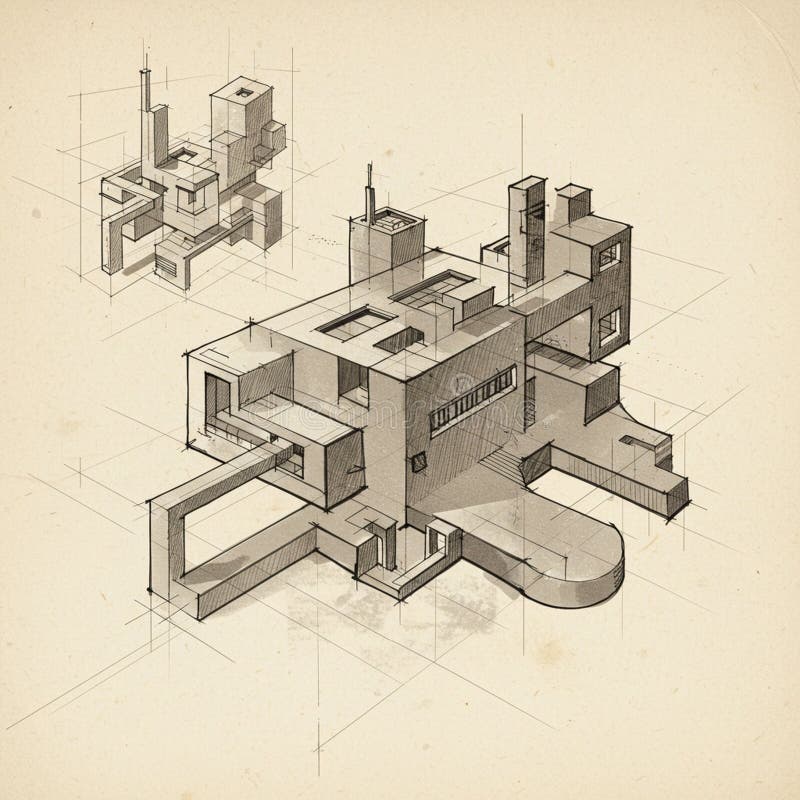 Architectural Sketch Featuring Geometric, Interconnected Structures ...