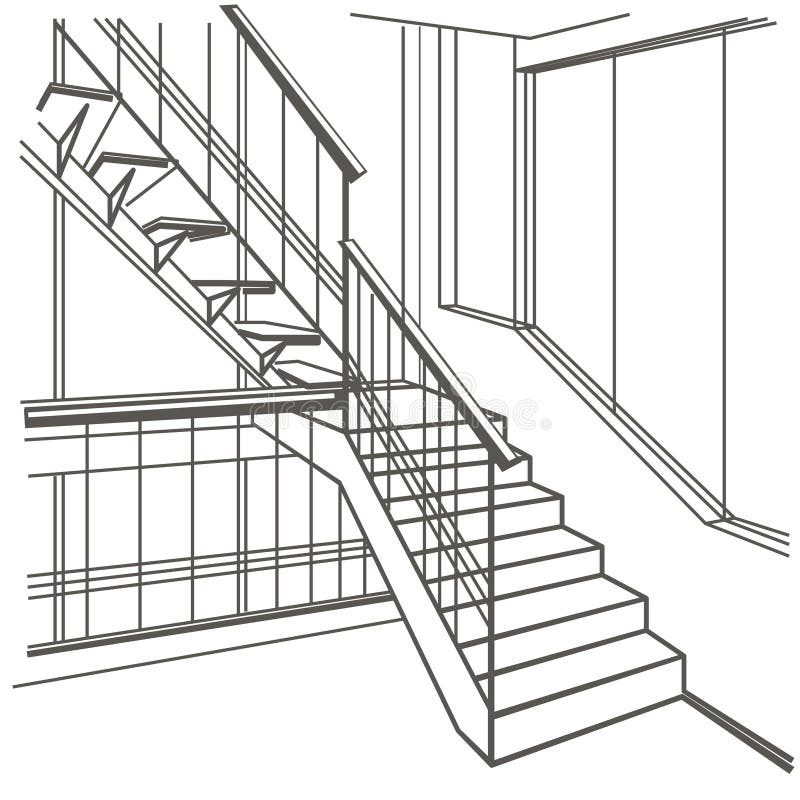 Architectural Sketch Interior Stairs on White Background Stock Vector ...