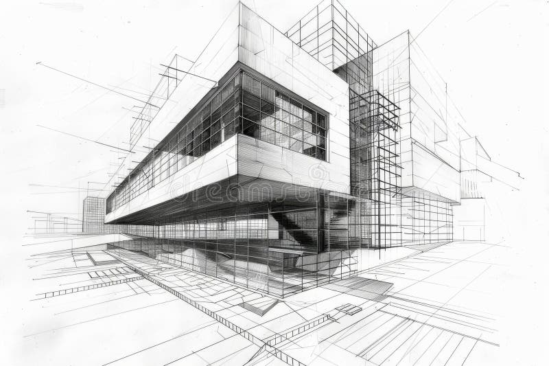 Detailed Architectural Sketch of Modern Multi-Story Building. Stock ...