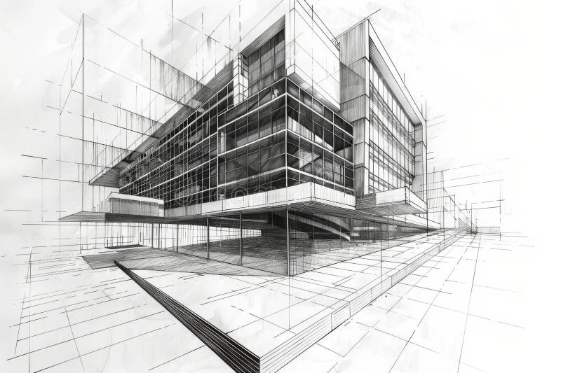Detailed Architectural Sketch of Modern Multi-Story Building. Stock ...
