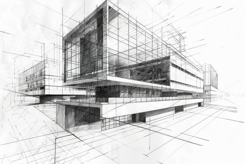 Architectural Sketch of a Modern Building with Detailed Lines ...