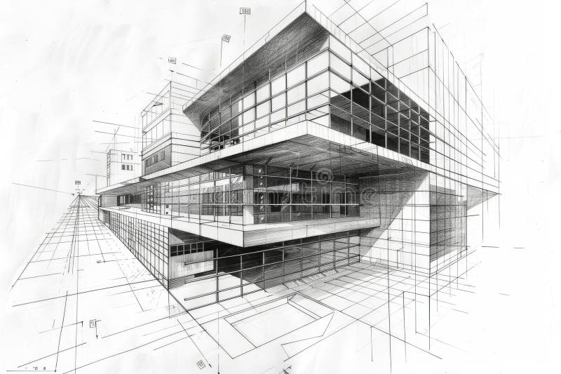Detailed Architectural Sketch of Modern Multi-Story Building. Stock ...