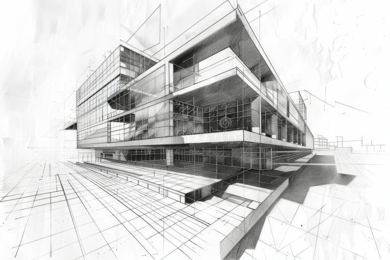Architectural Sketch of a Modern Building with Detailed Lines ...