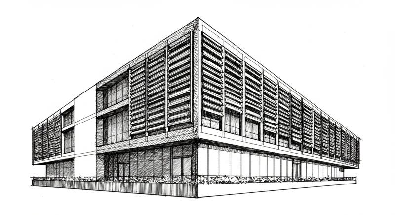 Architectural Sketch of a Modern Building Featuring a Rectangular Form ...