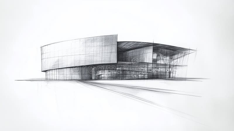 Architectural Sketch of a Modern Building Featuring a Sleek Curved ...