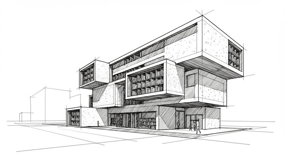 Architectural Sketch of a Modern Building with Rectangular ...