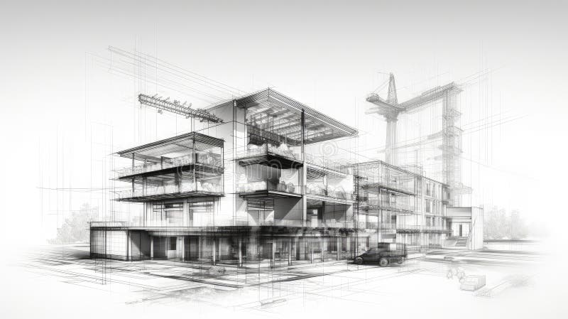 Architectural Sketch of a Modern Building Under Construction, with ...