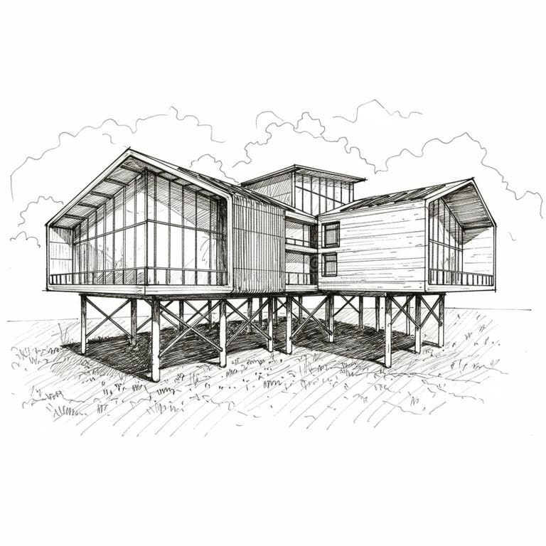 Architectural Sketch of a Modern, Elevated Structure Featuring Three ...