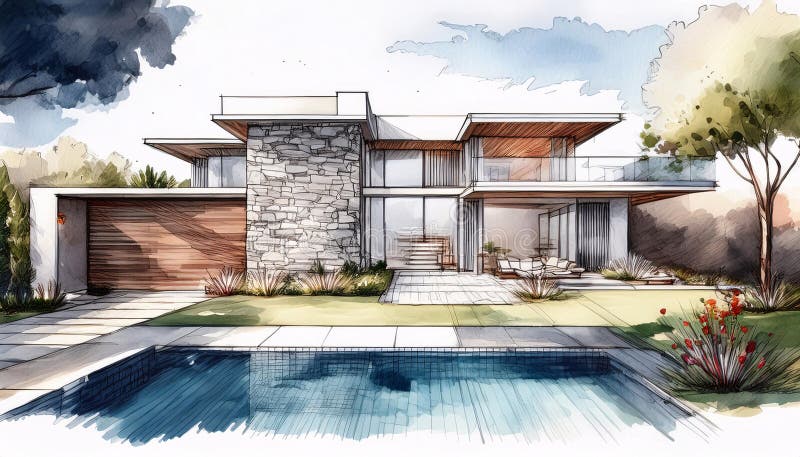 Architectural Sketch of a Modern House with Pool and Garden Stock ...