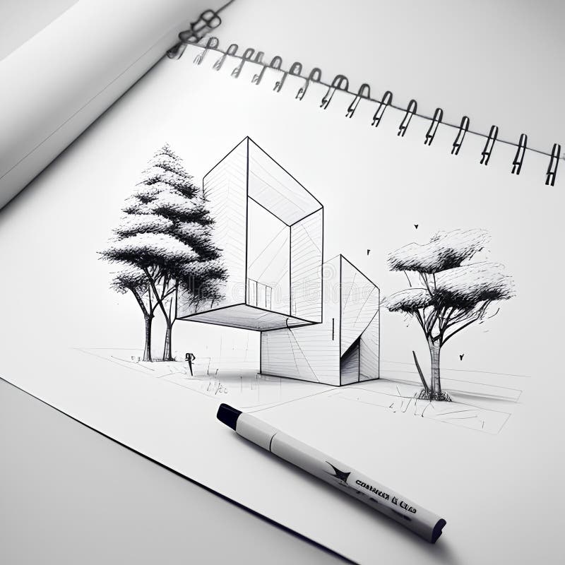 Architectural Sketch of a Modern House with a Tree and Notebook Stock ...