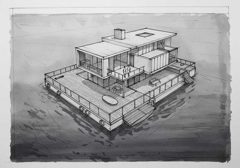 Architectural Sketch of a Modern Houseboat, Featuring a Sleek ...