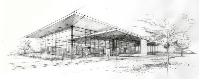 An Architectural Sketch of a Modern Library, Featuring Large Glass ...