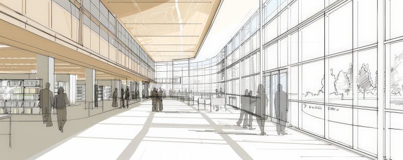 An Architectural Sketch of a Modern Library, Featuring Large Glass ...