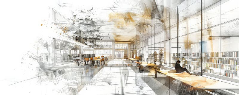 An Architectural Sketch of a Modern Library, Featuring Large Glass ...