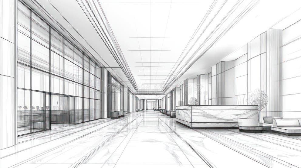 Modern Lobby Blueprint Design Spacious Hallway with Reception Desk and ...