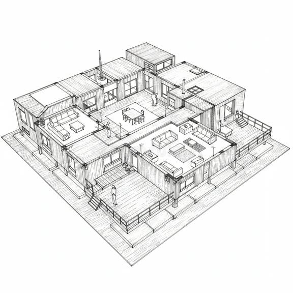 Architectural Sketch of a Modern, Multi-level Building Featuring ...