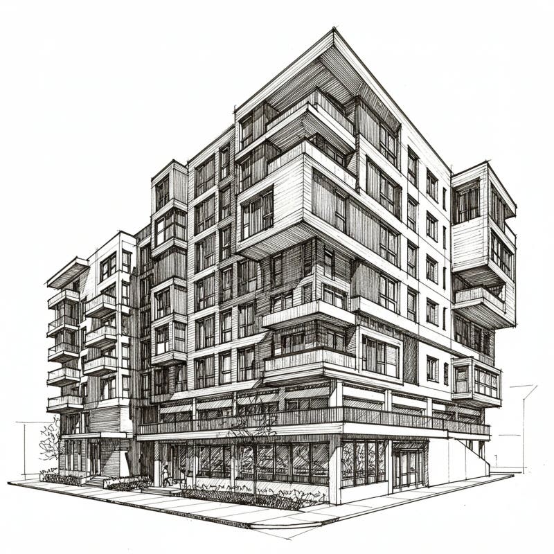 An Architectural Sketch of a Modern Multi-story Building, Featuring an ...
