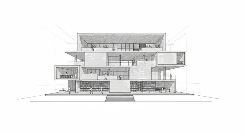 Architectural Sketch of a Modern Multi-story Building Featuring Large ...