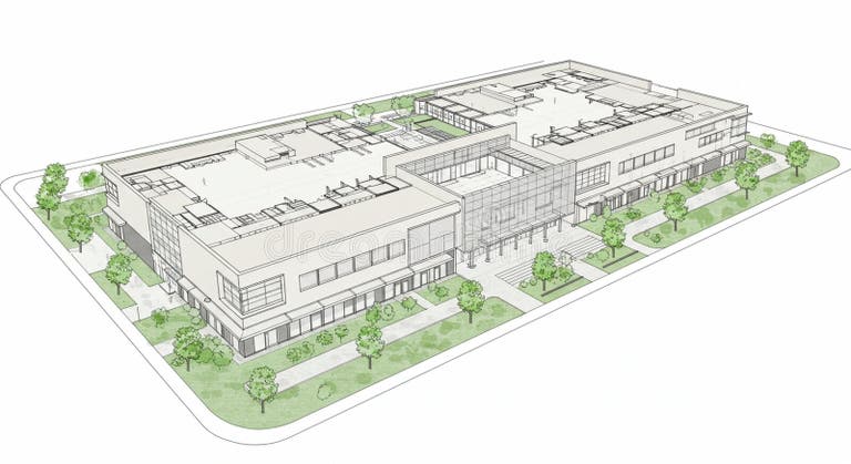 Architectural Sketch of a Modern Rectangular Building with Two Main ...