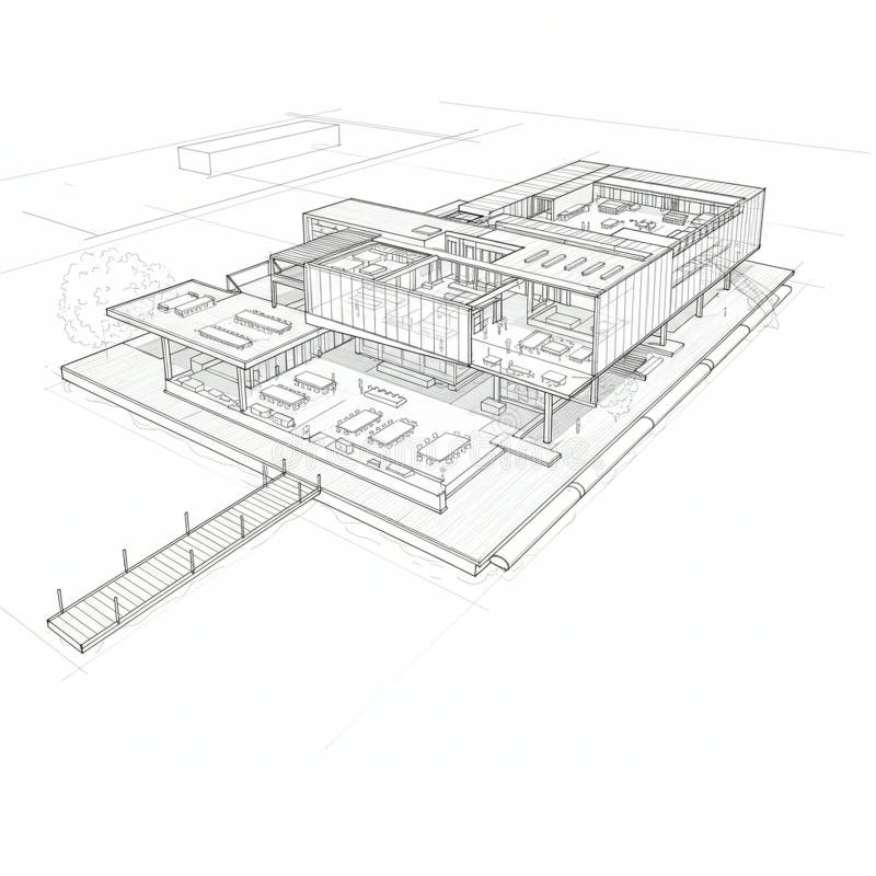 Architectural Sketch of a Modern Building Under Construction, with ...