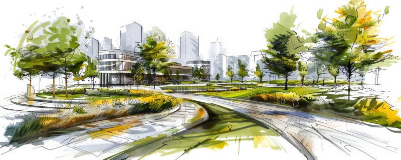 An Architectural Sketch of a Modern Urban Park, with Open Green Spaces ...