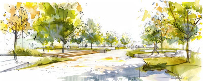 An Architectural Sketch of a Modern Urban Park, with Open Green Spaces ...