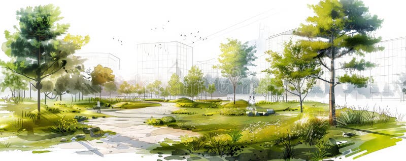 An Architectural Sketch of a Modern Urban Park, with Open Green Spaces ...