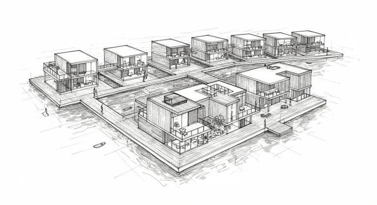 An Architectural Sketch of a Modern Waterfront Development with Modular, Box-like Stock ...