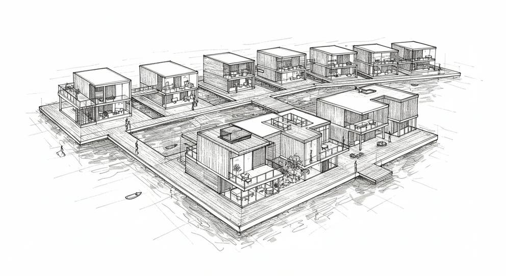 An Architectural Sketch of a Modern Waterfront Development with Modular ...