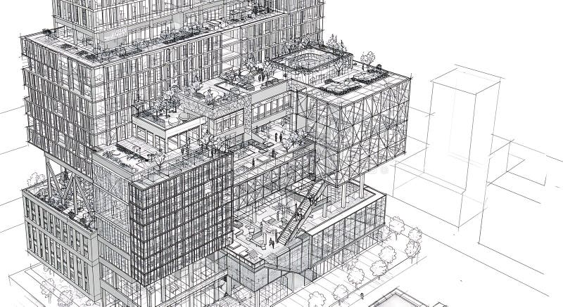 Architectural Sketch of a Multi-story, Modern Building with Various ...