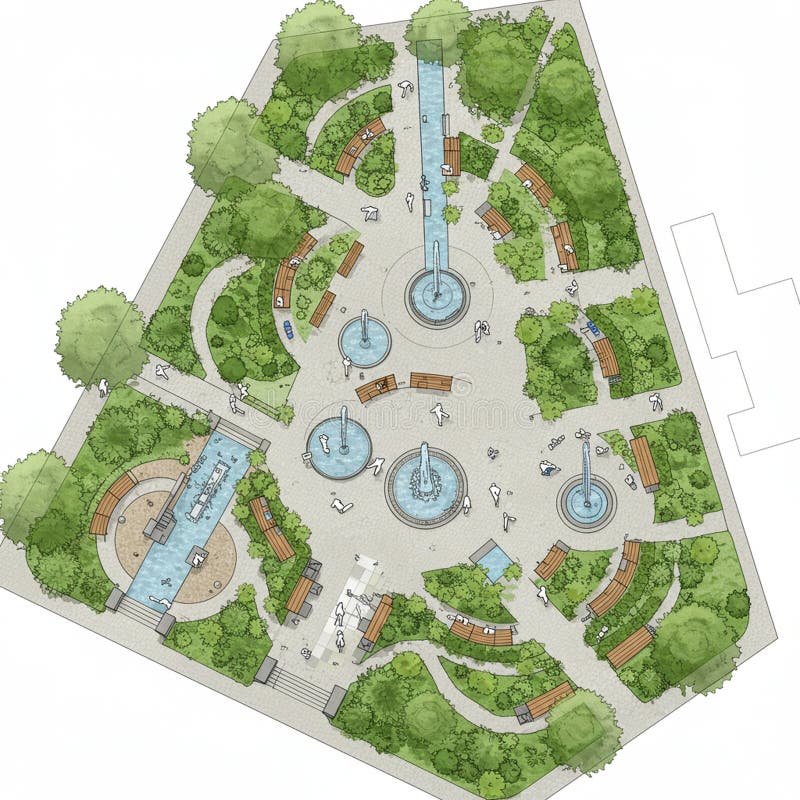 An Architectural Sketch of a Park Featuring a Geometric Layout with ...