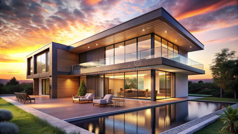 Architectural Sketch Rendering of a Modern Villa with Sunset Hues ...
