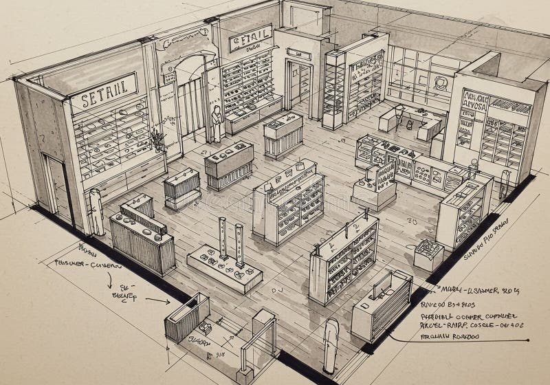 Architectural Sketch of a Retail Store Interior. the Drawing Features ...
