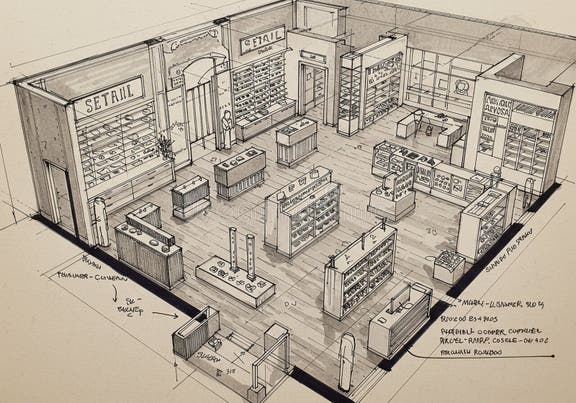 Architectural Sketch of a Retail Store Interior. the Drawing Features ...