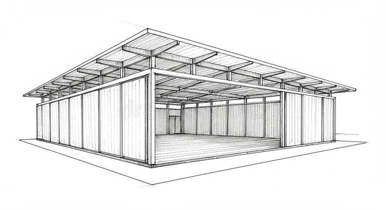 An Architectural Sketch of a Simple, Rectangular Structure with a Flat ...