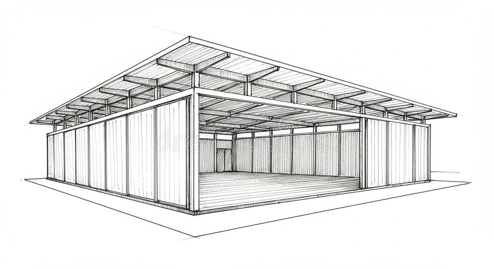 An Architectural Sketch of a Simple, Rectangular Structure with a Flat ...
