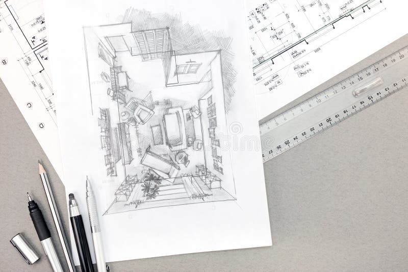 Architectural Sketch with Technical Drawing and Pencils on Desk Stock ...
