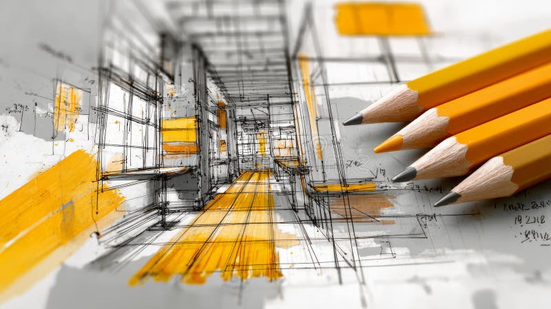 Architectural Sketch with Yellow Pencil Drawing, Creative Interior ...