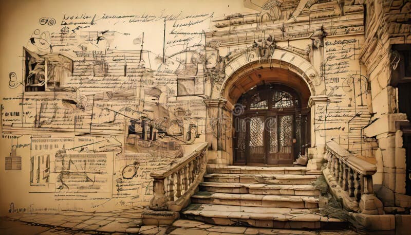 Architectural Sketches on Stone Background with Ancient Design Notes ...